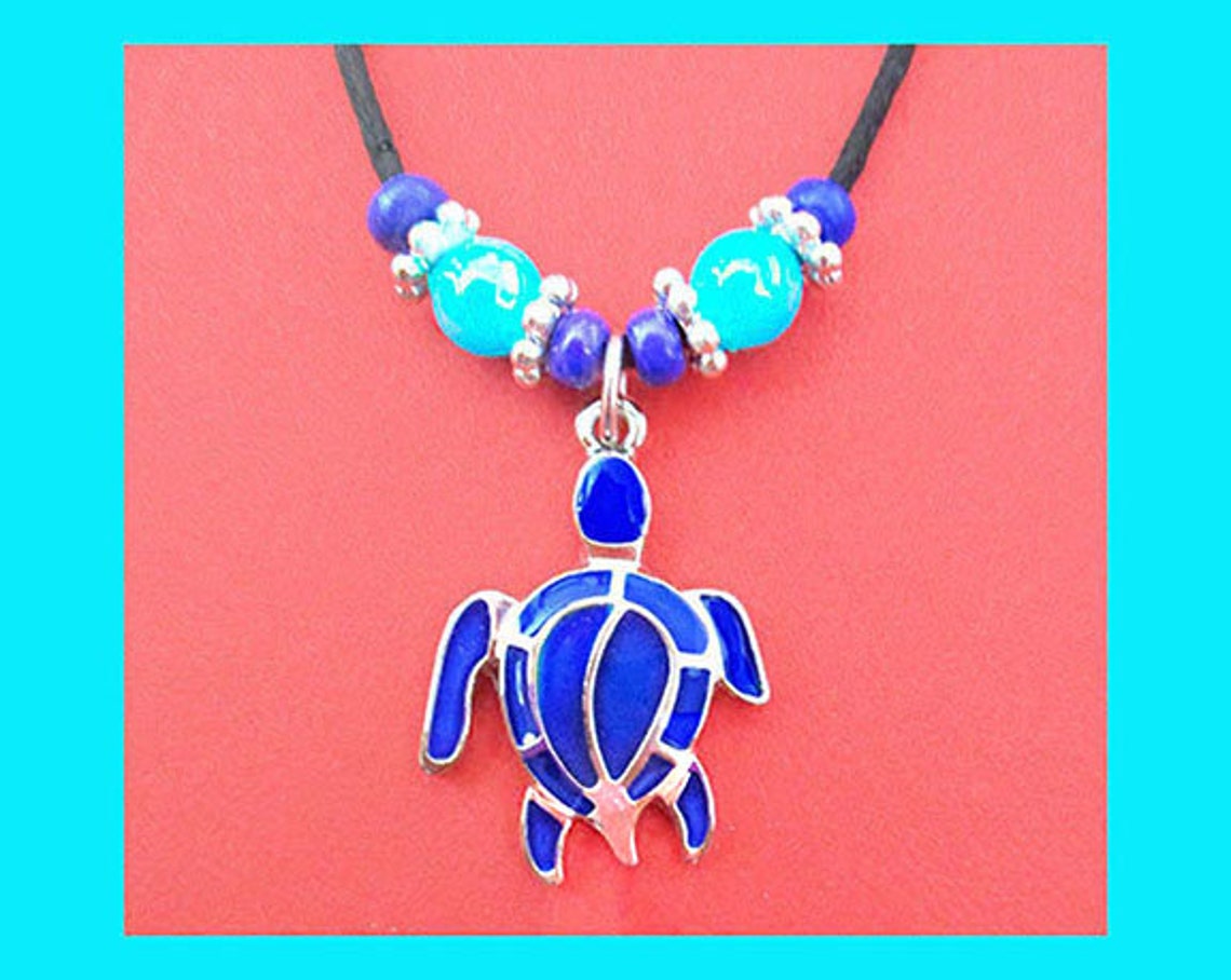 Mood Necklace. Turtle Pendant With Matching Beads on Quality Black ...