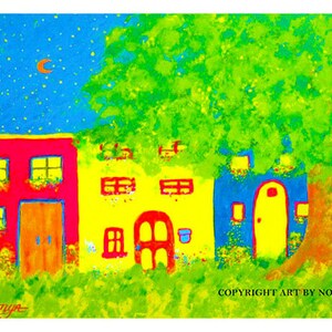 Three Houses at Night. the Moon and Stars and a Big Strong | Etsy