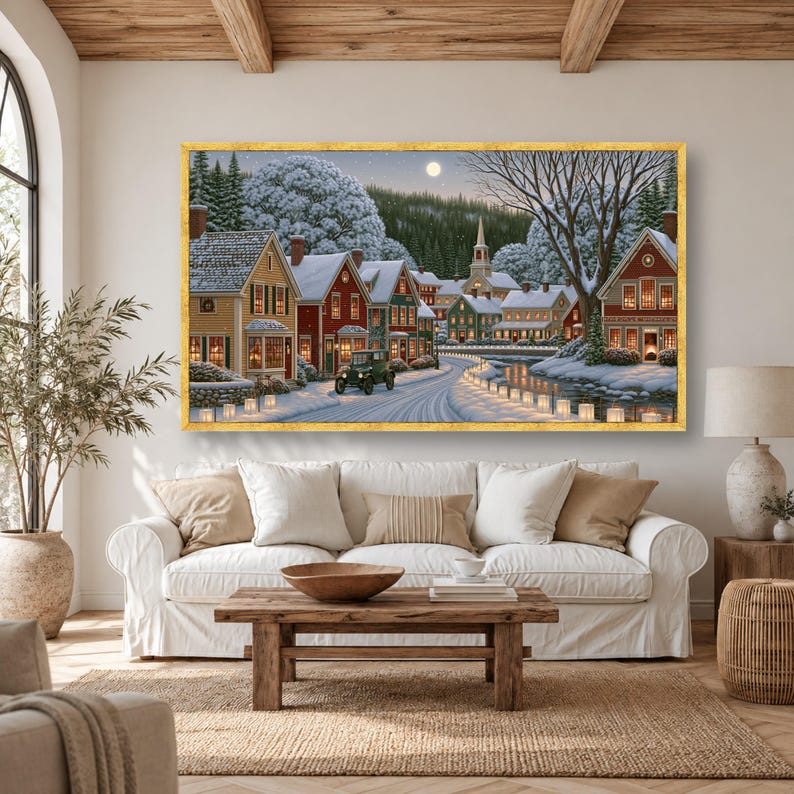 Charming Winter Village Canvas Print, Cozy Snowy Scene With Lanterns ...