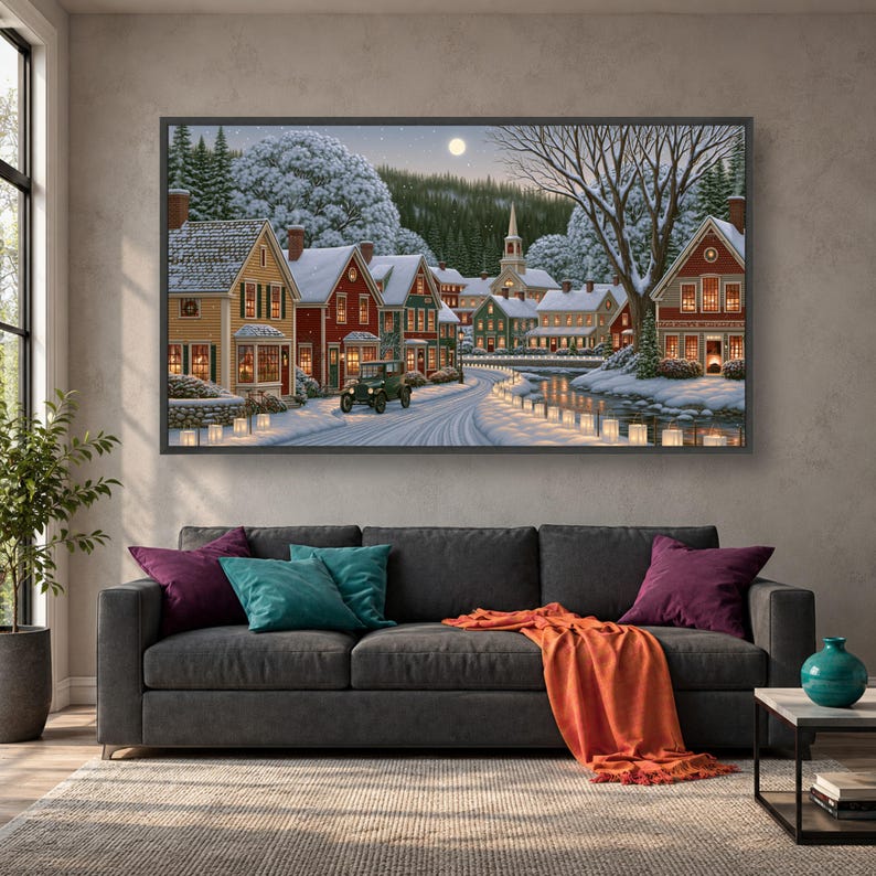 Charming Winter Village Canvas Print, Cozy Snowy Scene With Lanterns ...