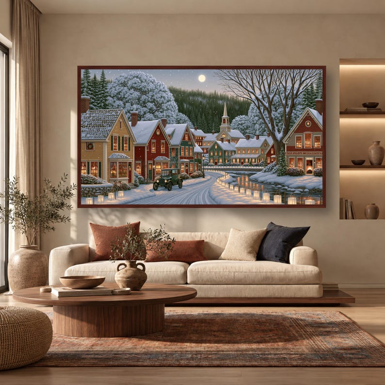 Charming Winter Village Canvas Print, Cozy Snowy Scene With Lanterns ...