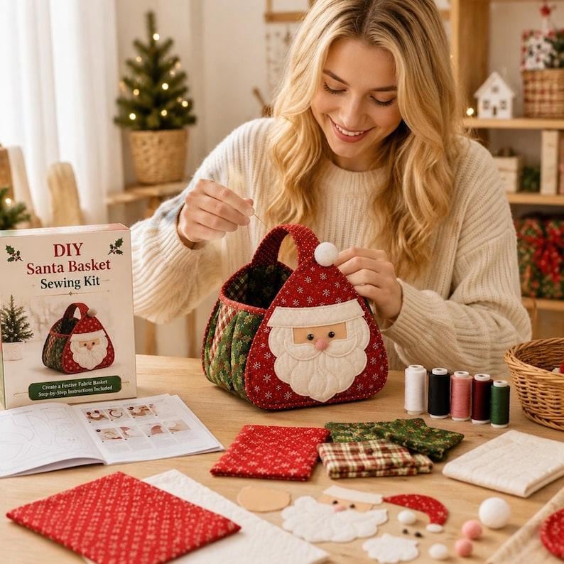 Quilted Christmas Gift Basket, Fabric Holiday Treat Bag, Snowman ...