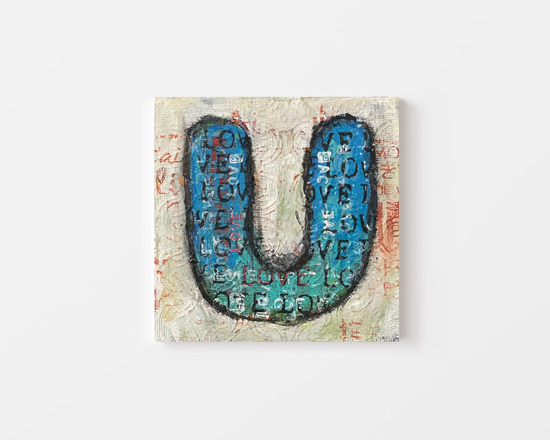 Original Art Letter U Painting 4"x4" Mini Heart Art Original Acrylic ...