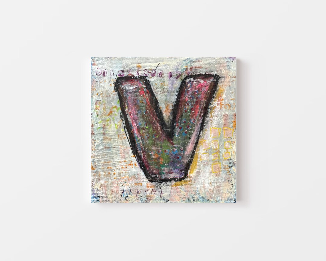Original Art Letter V Painting 4"x4" Mini Heart Art Original Acrylic ...