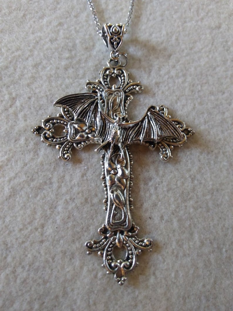 Large Bat Cross Pendant: Antique Silver Gothic Victorian Necklace - Etsy