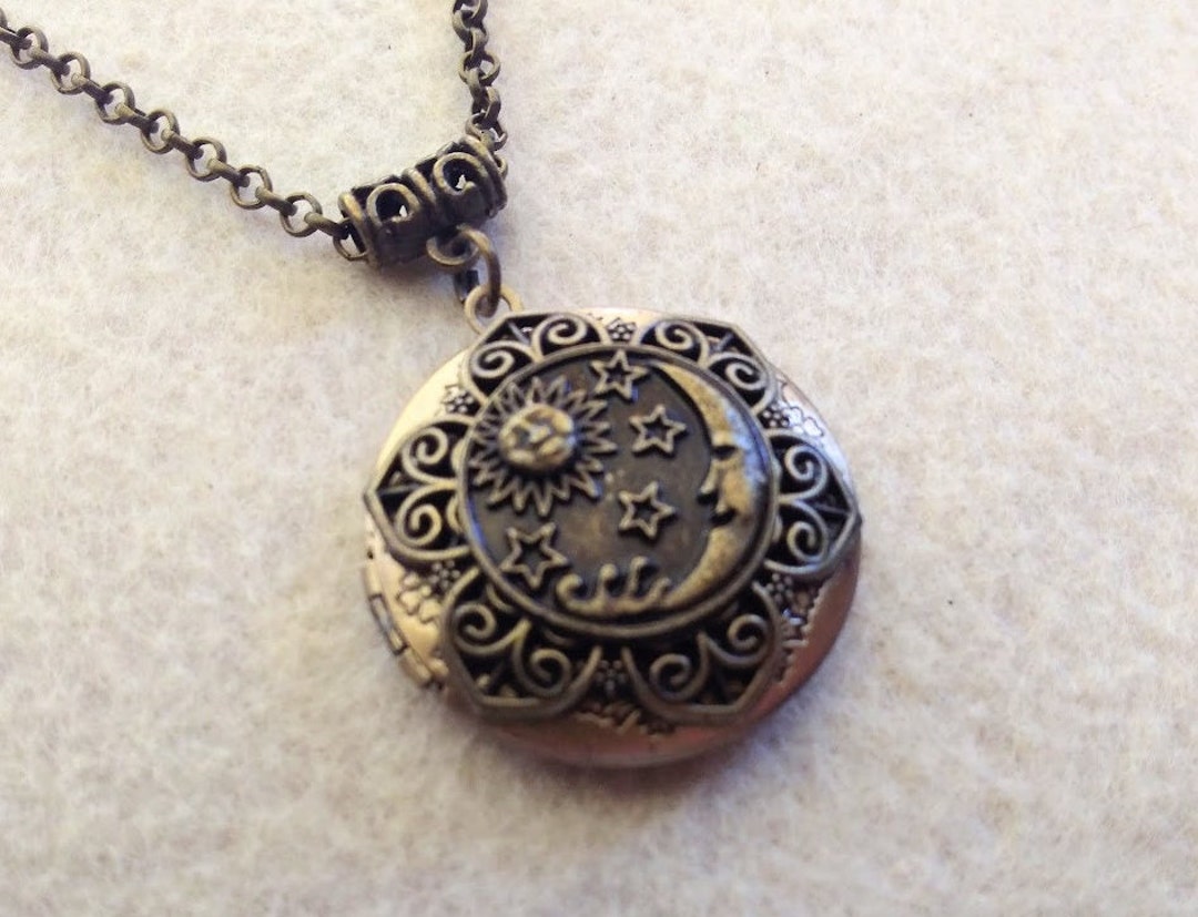 Antique Bronze Sun and Moon Locket Necklace - Etsy