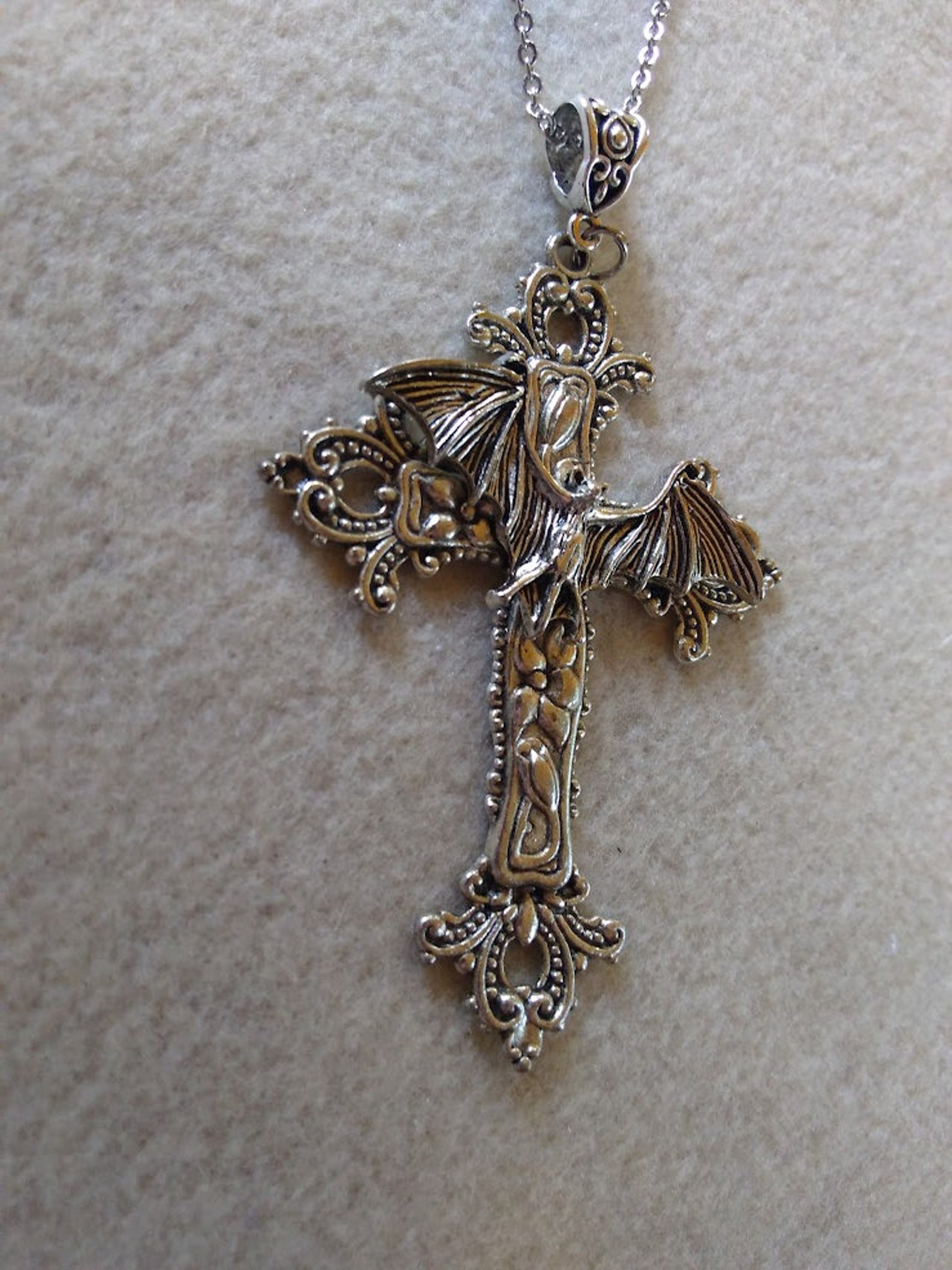 Large Bat Cross Necklace Pendant Floral Filigree Victorian - Etsy