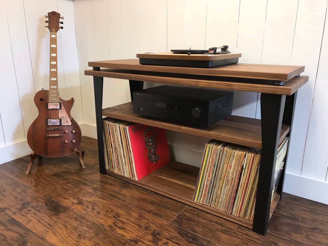 Walnut Stereo Console With Vinyl Storage: Wood & Steel Record Player ...