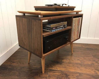 Solid Walnut Turntable and Album Storage Cabinet With White - Etsy UK