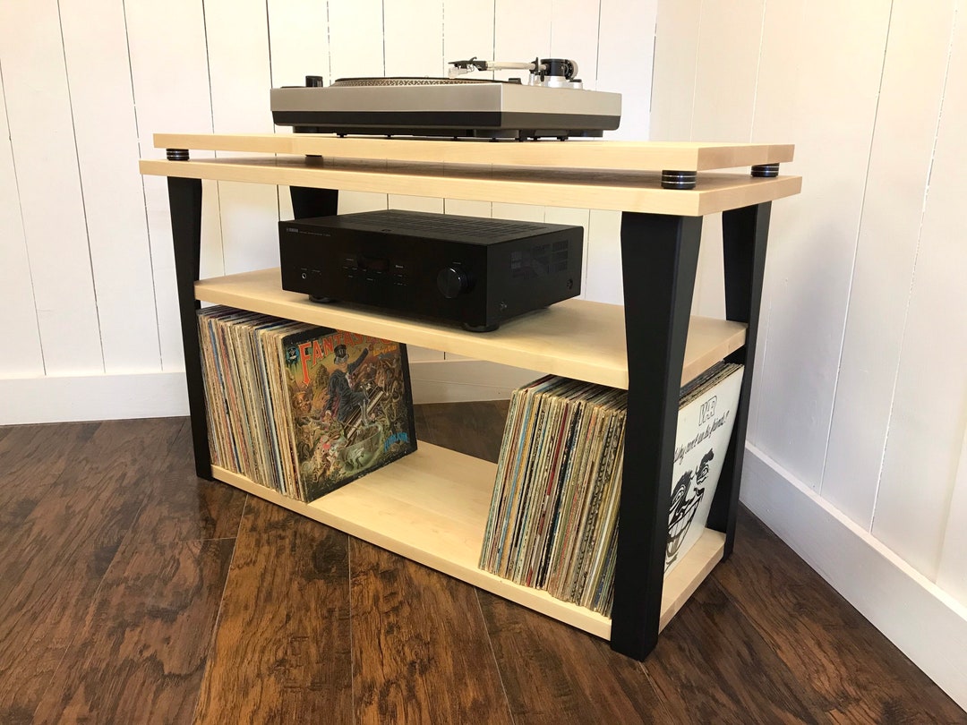 Maple Turntable Stand: Contemporary Wood and Steel Vinyl Record Console ...