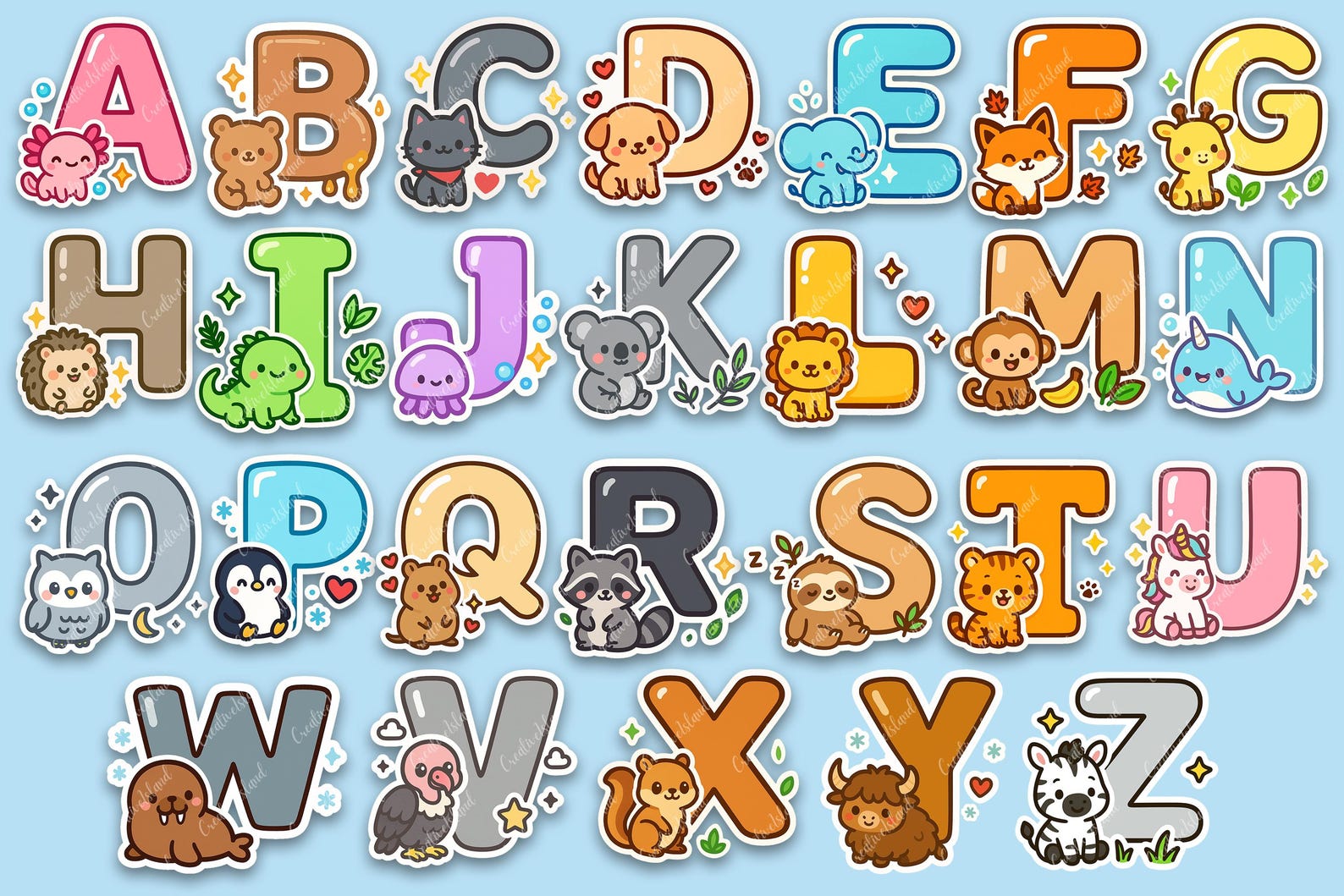 Cute Kawaii Animal Alphabet A-Z PNG Clipart, 26 Letters, ABC Learning ...