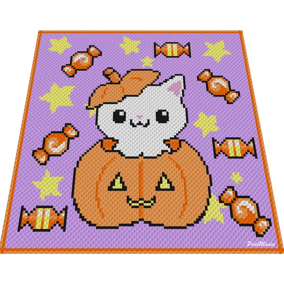 Halloween CAT - Crochet Graph for Blanket, C2C, Written & Color Blocked ...