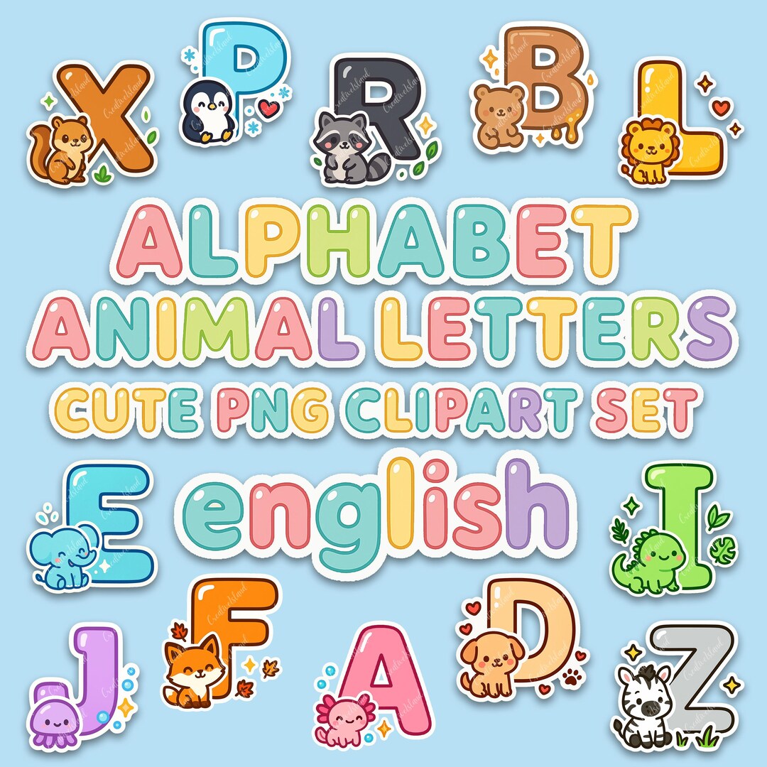 Cute Kawaii Animal Alphabet A-Z PNG Clipart, 26 Letters, ABC Learning ...