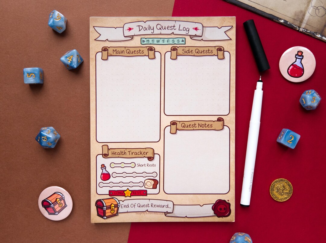 A5 Daily Quest Planner Tear off To-do List - RPG Adventure Theme ...
