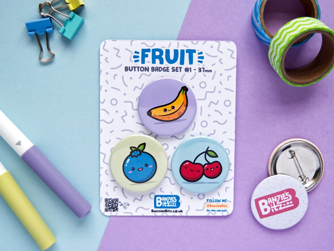 Kawaii Fruit Button Pin Badge Set #1 - 37mm - Funny Pins, Cute Pins - Etsy