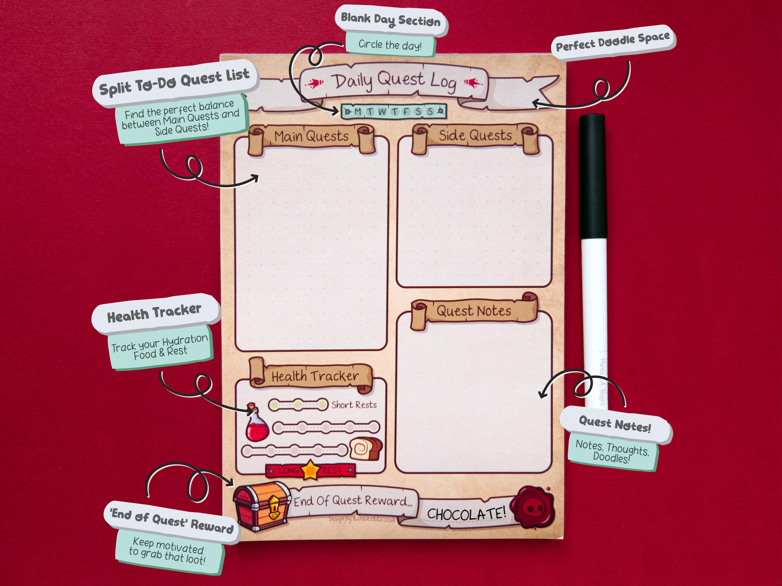 A5 Daily Quest Planner Tear off To-do List - RPG Adventure Theme ...