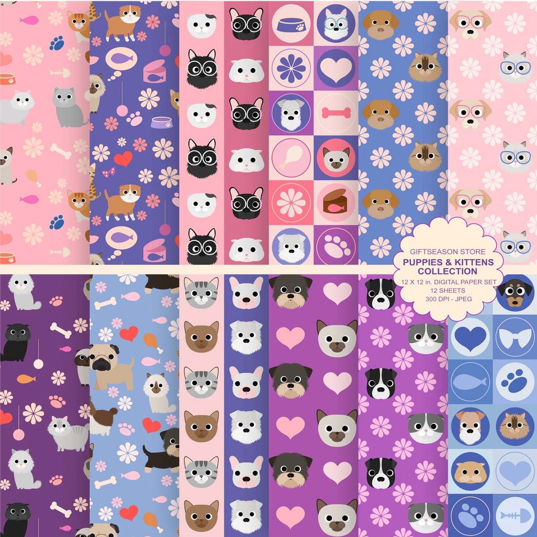 Puppies and Kittens Digital Paper Backgrounds, Dog and Cat Digital ...