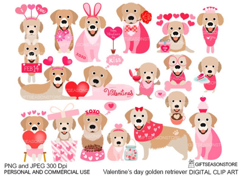 Valentine's day Golden retriever dogs digital clip art for | Etsy
