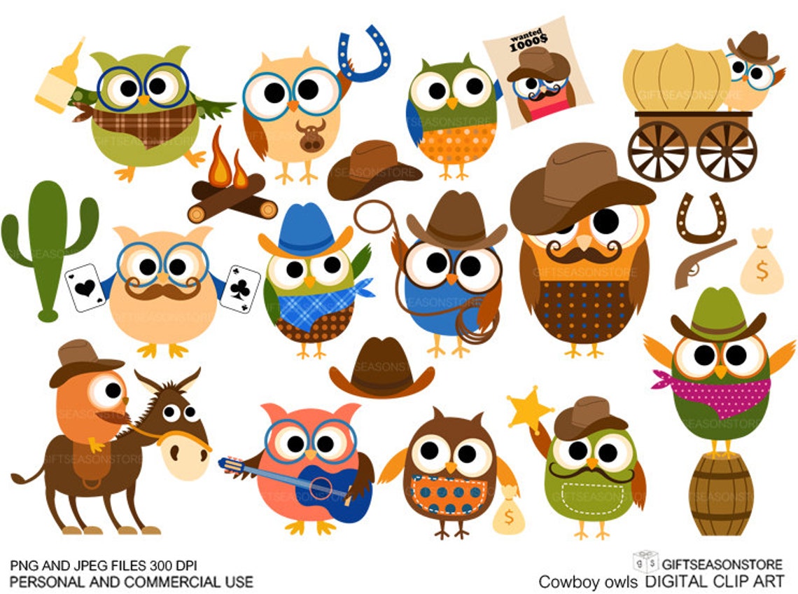 Cowboy Owl Clip Art for Personal and Commercial Use INSTANT - Etsy