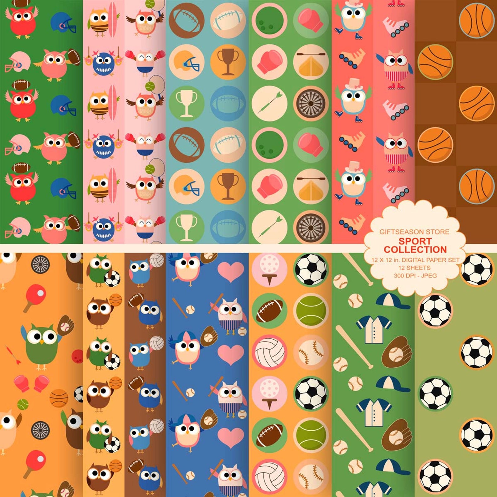 Sport Digital Paper Sport Digital Backgrounds Sport Owl - Etsy