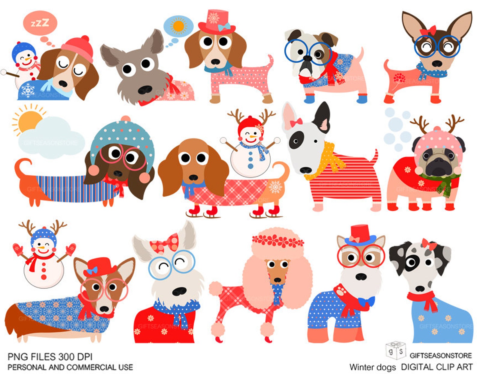 Happy Winter Dogs Digital Clip Art for Personal and Commercial - Etsy