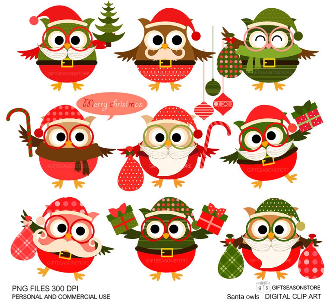 Santa Owls Clip Art for Personal and Commercial Use - INSTANT DOWNLOAD ...