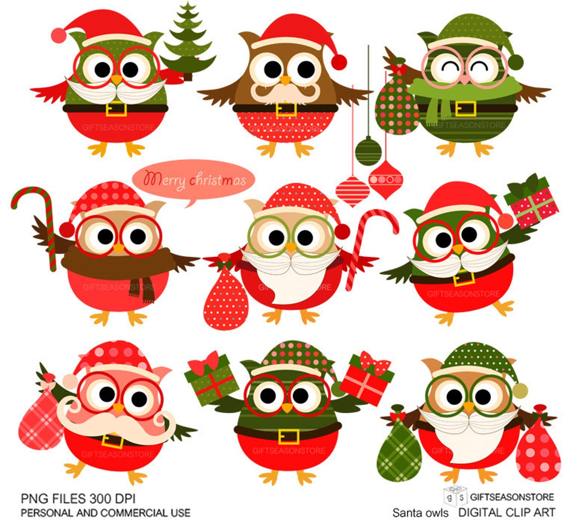 Santa Owls Clip Art for Personal and Commercial Use INSTANT - Etsy
