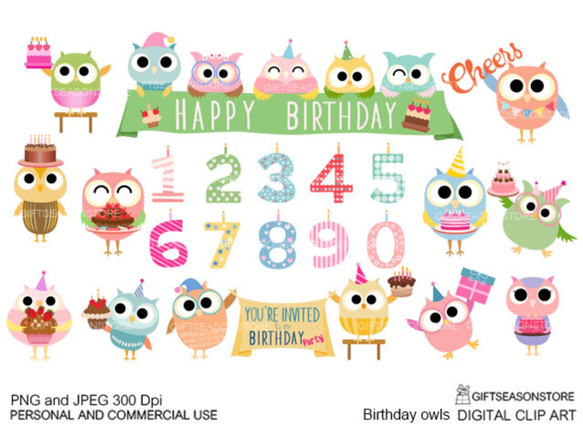 Birthday Owls Digital Clip Art for Personal and Commercial Use | Etsy