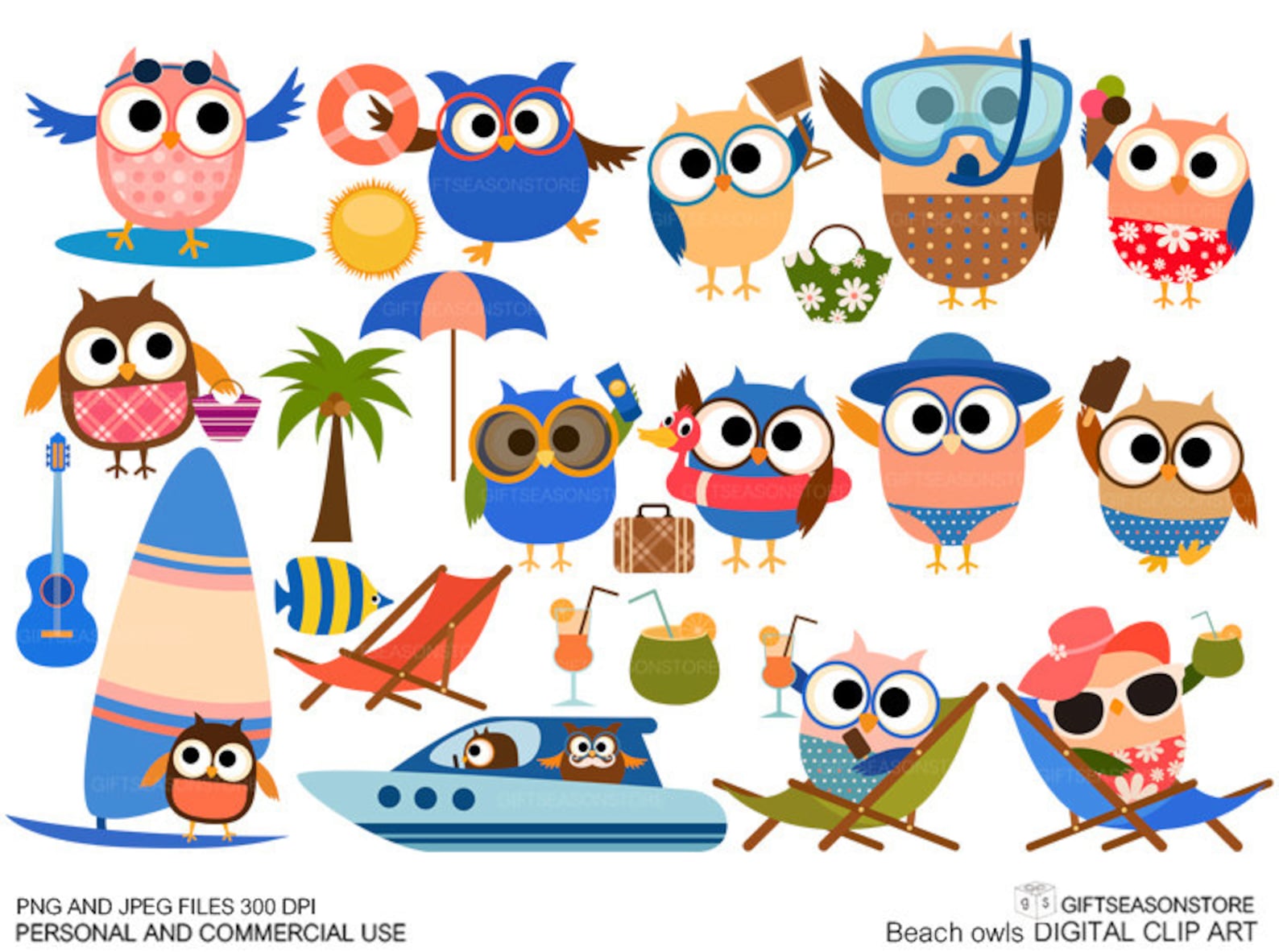Beach Owls Digital Clip Art for Personal and Commercial Use - INSTANT ...