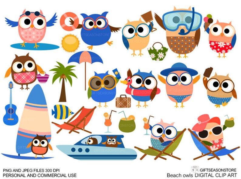 Beach Owls Digital Clip Art for Personal and Commercial Use - INSTANT ...