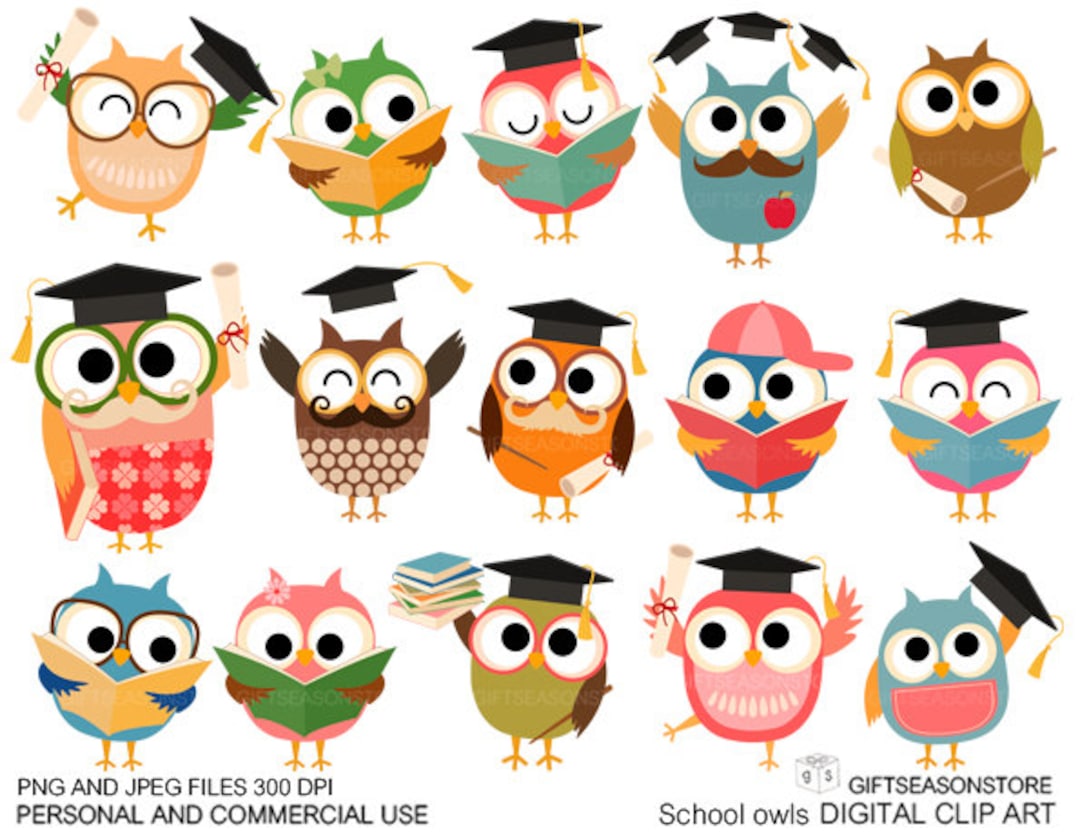 School Owls Digital Clip Art for Personal and Commercial Use - INSTANT ...
