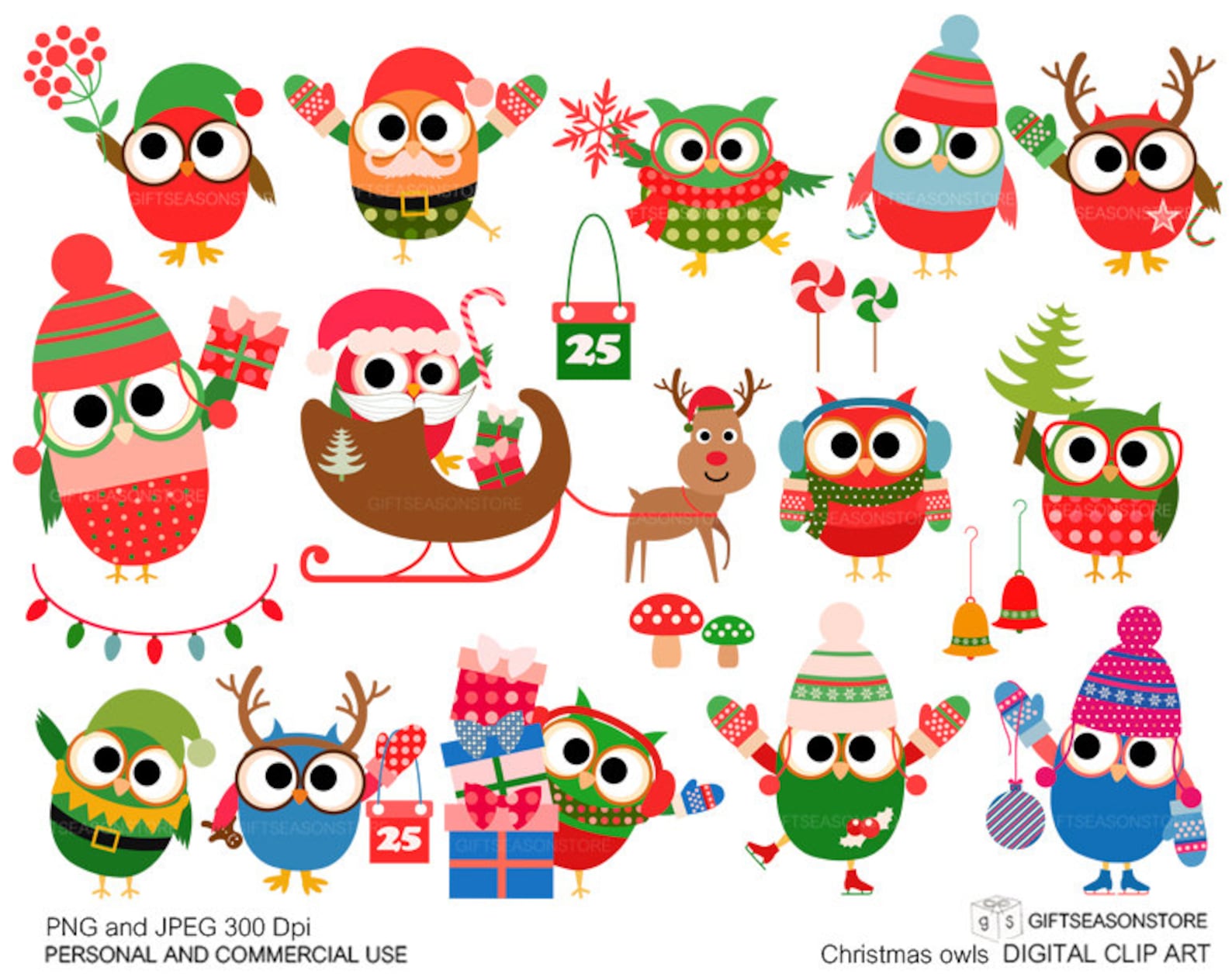Christmas Owls Digital Clip Art for Personal and Commercial - Etsy