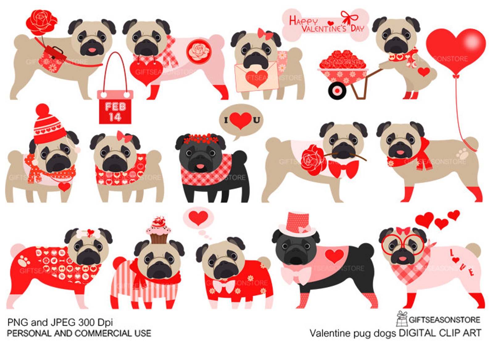 Valentine Pug Dogs Digital Clip Art for Personal and - Etsy