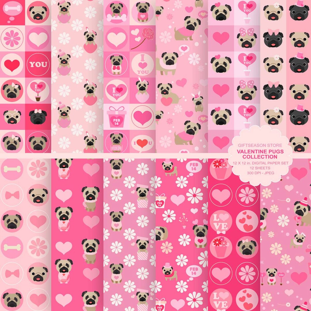Valentine Pug Digital Paper Dogs Digital Paper Valentine Digital ...