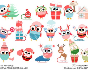 Christmas Owls Digital Clip Art for Personal and Commercial | Etsy