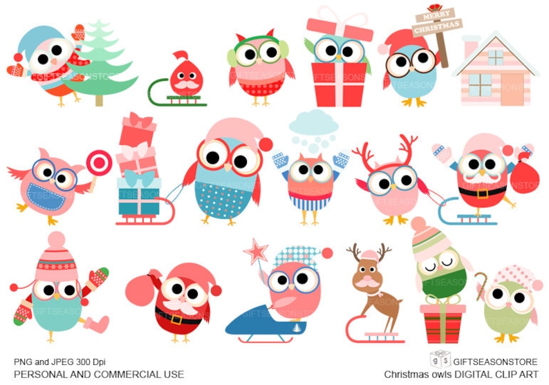 Christmas Owls Digital Clip Art for Personal and Commercial - Etsy