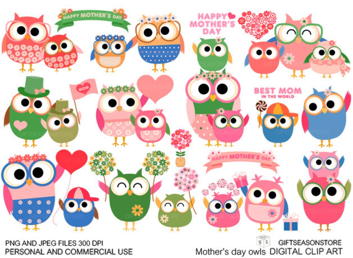 Mother's Day Owl Digital Clip Art for Personal and - Etsy