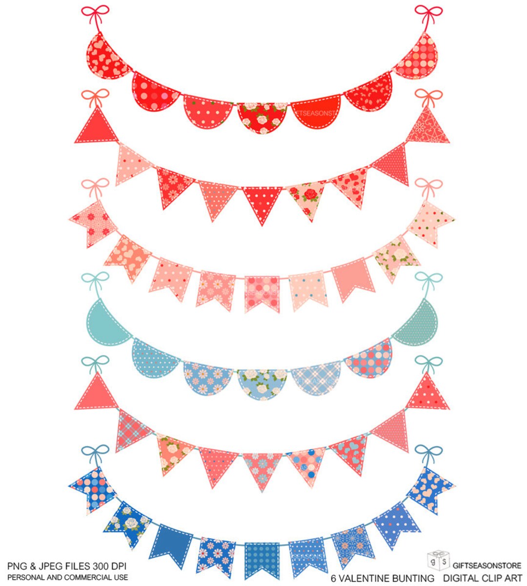 6 Valentine Bunting Digital Clip Art for Personal and Commercial Use ...