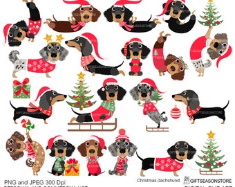 Whimsical Watercolor Dachshund Christmas Clip Art Instant Digital ...