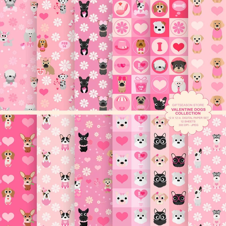 Valentine Dogs Digital Paper Dogs Digital Paper Valentine | Etsy