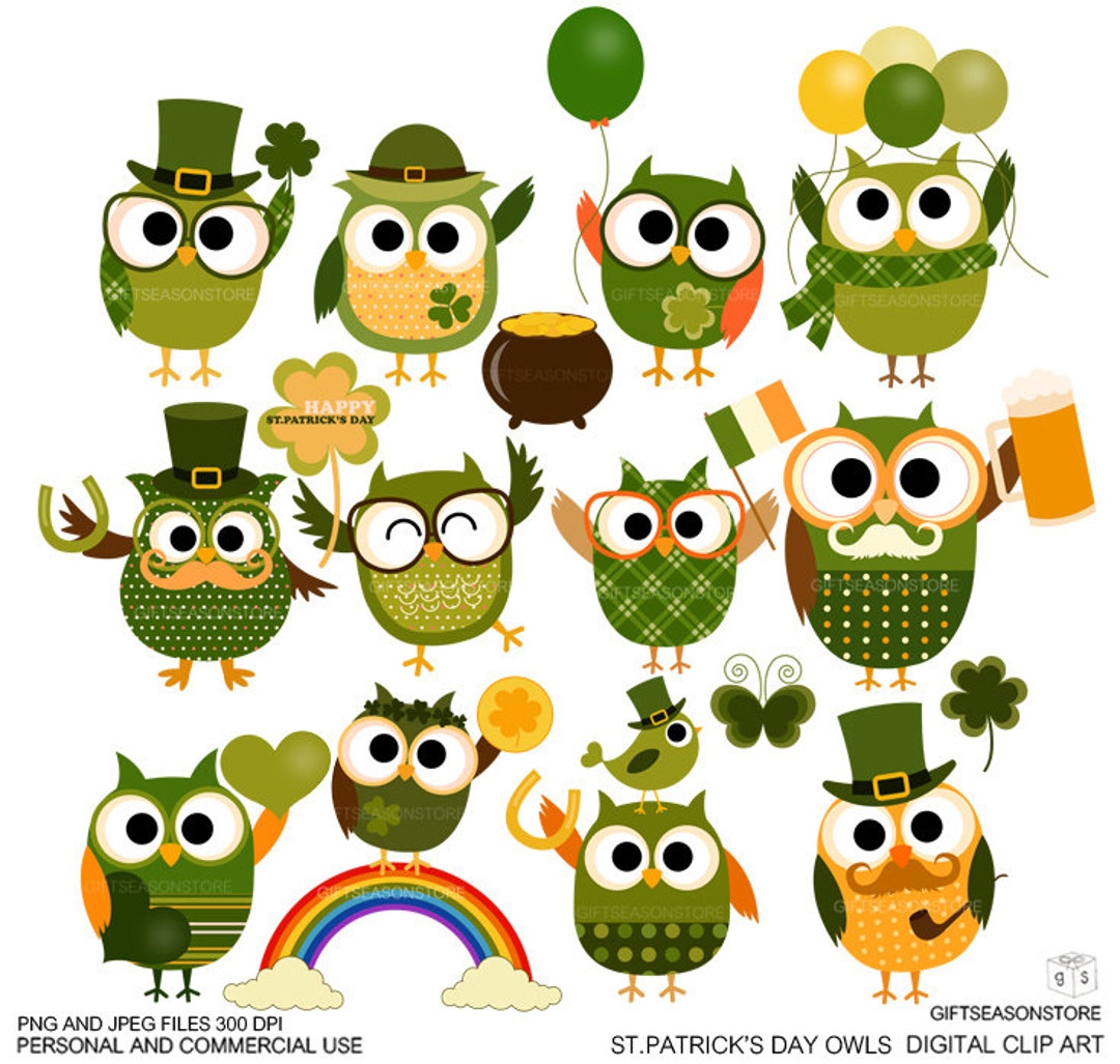 St.patrick's Day Owls Digital Clip Art for Personal and Commercial Use ...