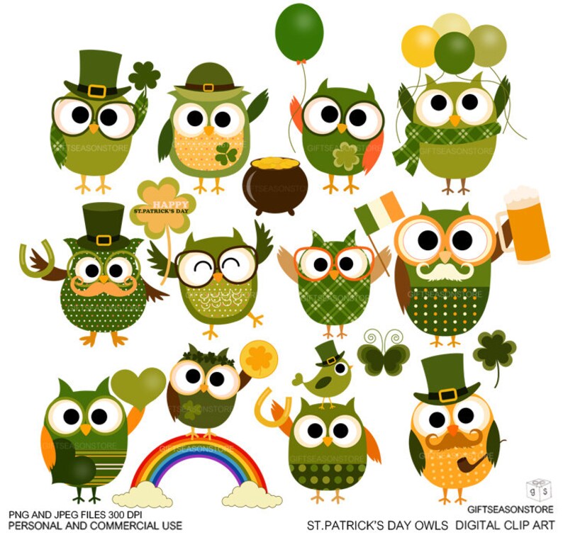 St.patrick's Day Owls Digital Clip Art for Personal and Commercial Use ...