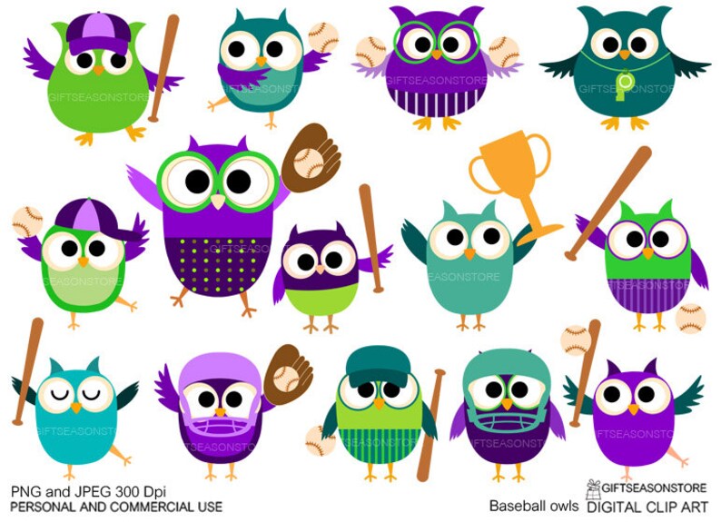 Baseball Owls Digital Clip Art for Personal and Commercial Use | Etsy
