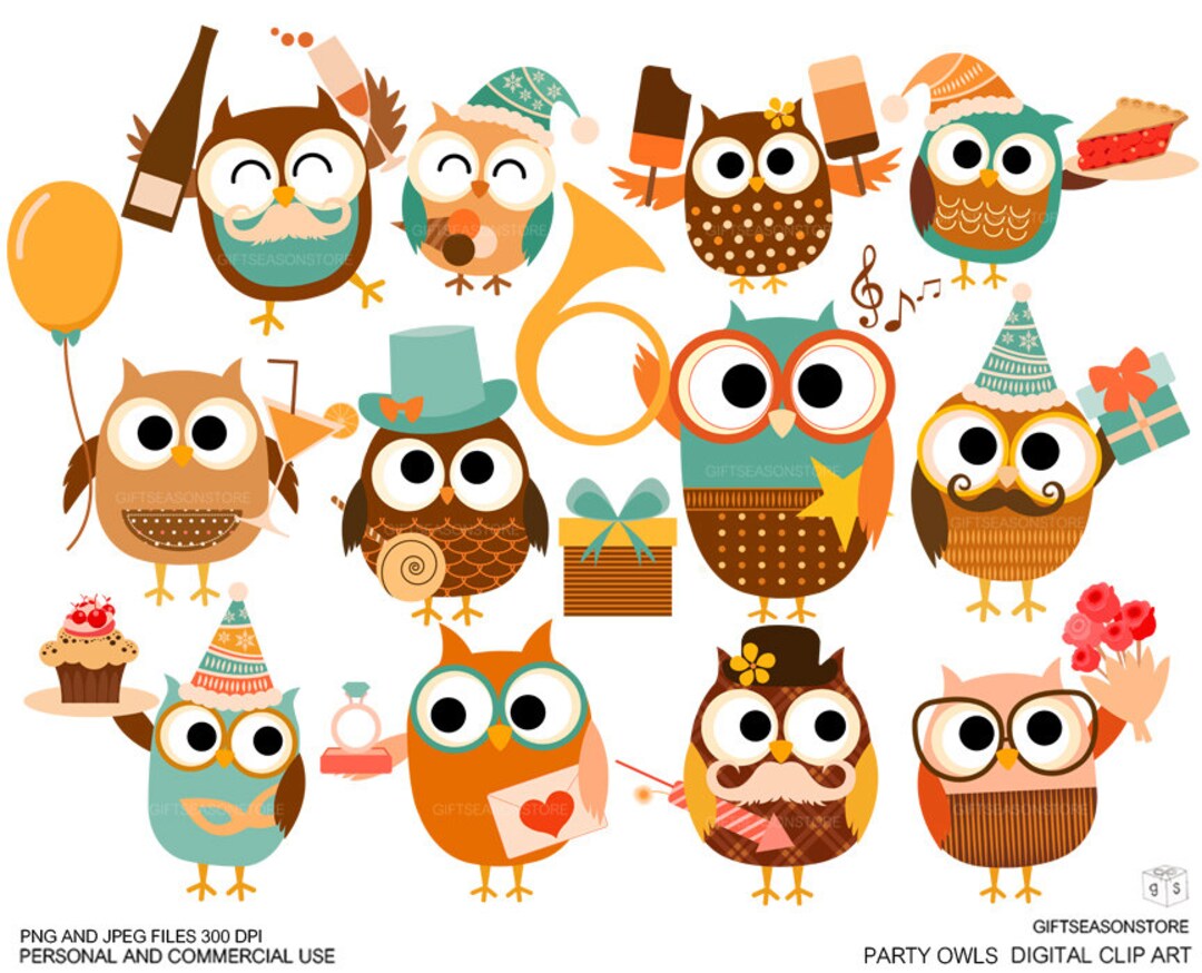 Party Owl New Year Owl Birthday Owl Anniversary Owl Digital Clip Art ...
