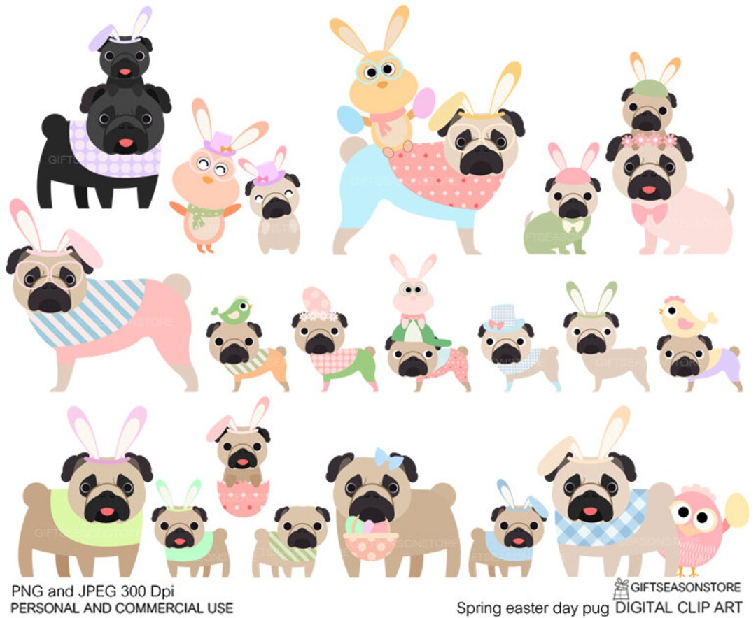 Spring Easter Pug Digital Clip Art for Personal and Commercial Use ...