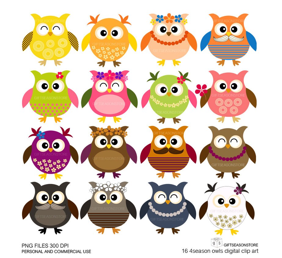 16 Owls Fashion of 4 Season Digital Clip Art for Personal and - Etsy