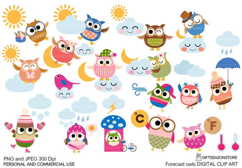 Forecast Owls Weather Owl Digital Clip Art for Personal and - Etsy