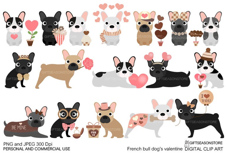 Valentine French Bulldogs Digital Clip Art for Personal and | Etsy