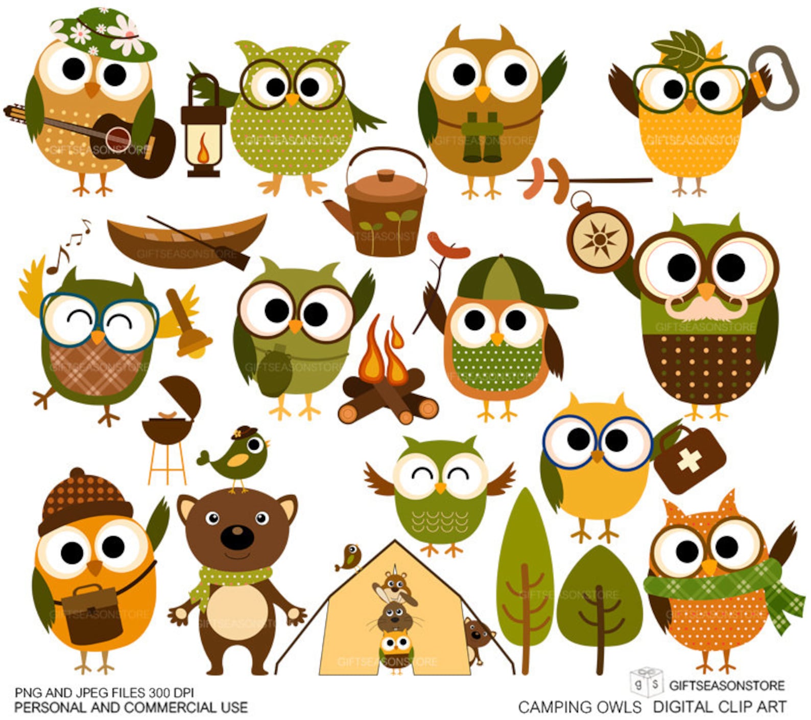 Camping Owl Clip Art for Personal and Commercial Use INSTANT - Etsy