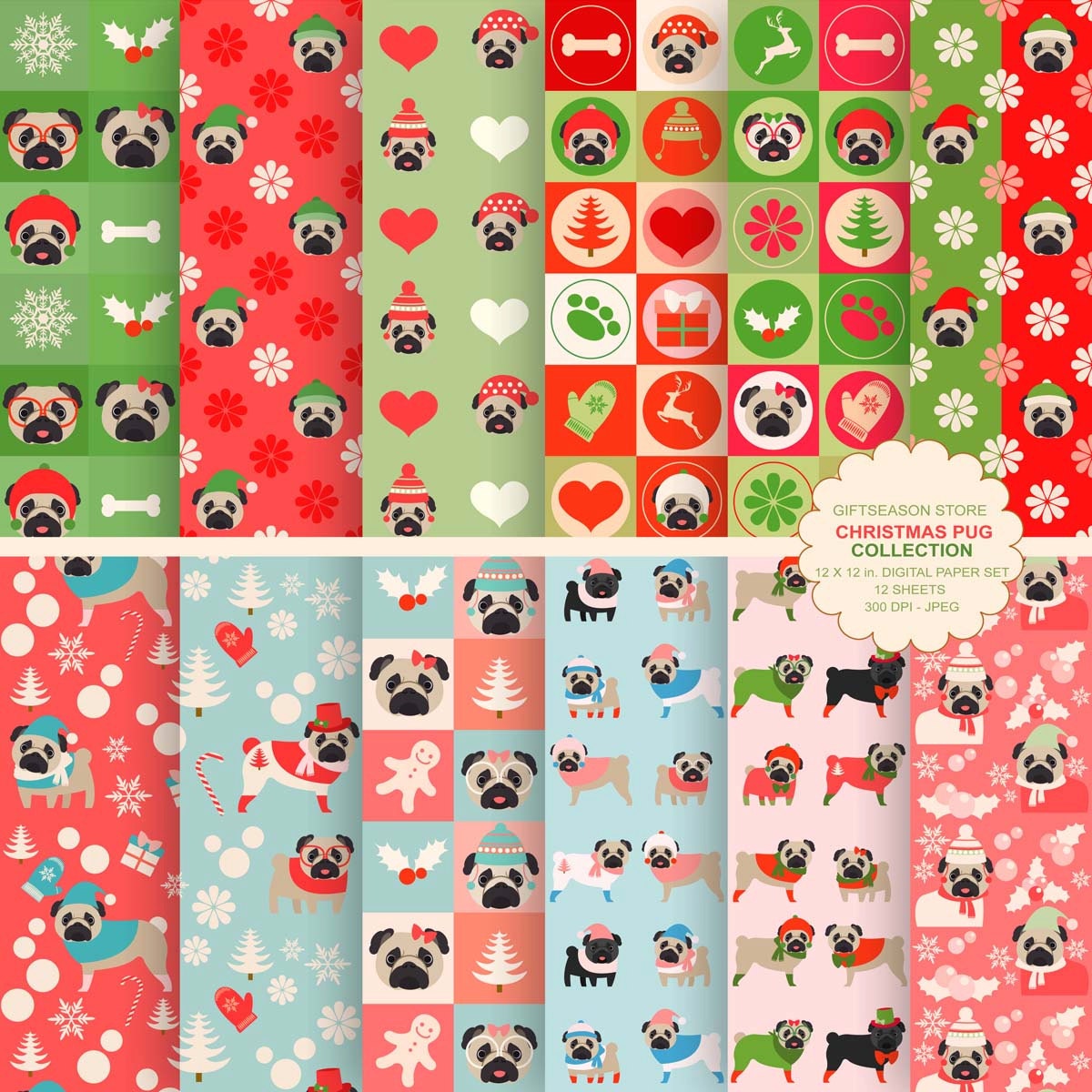 Christmas Pug Digital Paper Christmas Backgrounds, X-mas Backgrounds, X ...